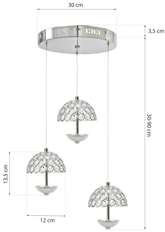Závěsné svítidlo Venus, 3x chromové křišťálové stínítko, ch, o