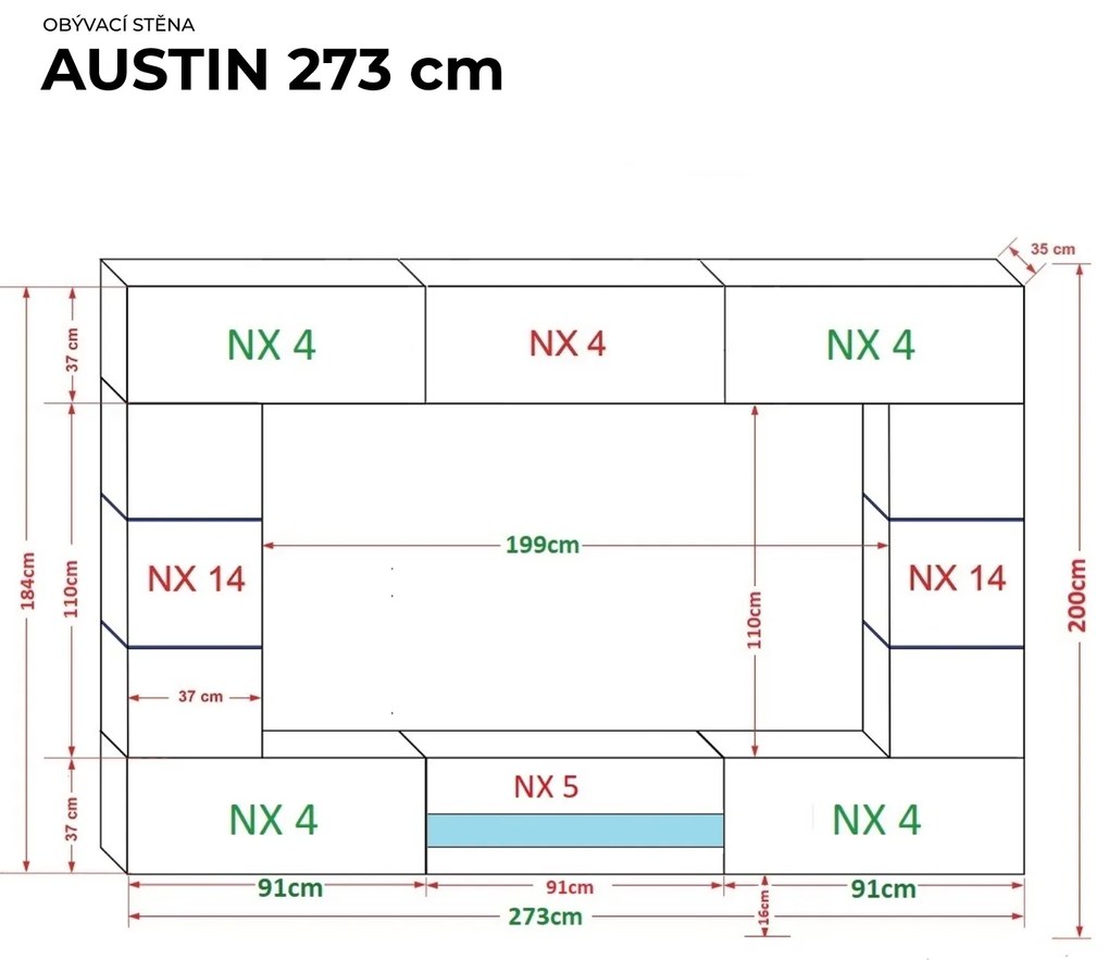 Ral Obývací stěna AUSTIN 4, 273 cm - Černý lesk