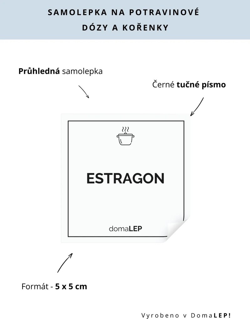 Samolepka na kořenky ESTRAGON průhledná 5 × 5 cm tučné písmo