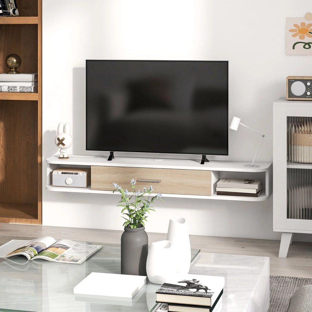 HOMCOM Nástěnný TV stojan, skříňka na TV pro televize až 50 palců s 2 otevřenými přihrádkami a skříňkou s klopným víkem 120L x 26W x 16H cm Bílá