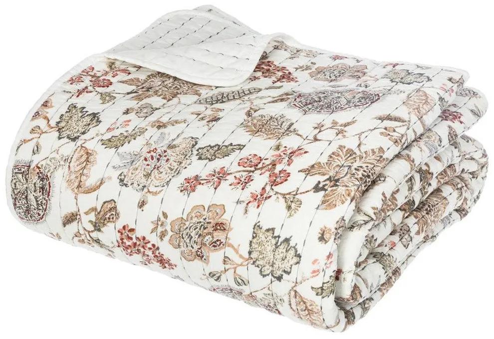 Přehoz na postel, barva bílá, květinový vzor, z opačné strany hladký bez  vzoru, materiál\bavlna, polyester, viskóza, 220x260 cm | BIANO