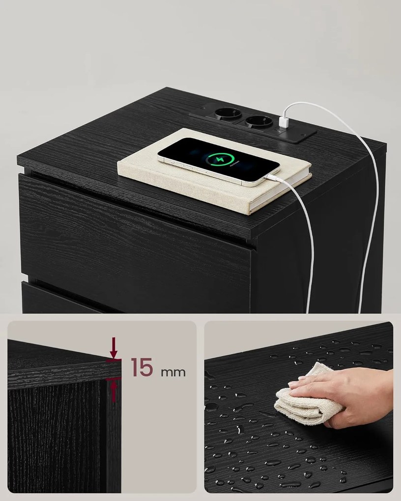 Noční stolek, 2 kusy v sadě, se 2 zásuvkami a 2 USB porty, černý