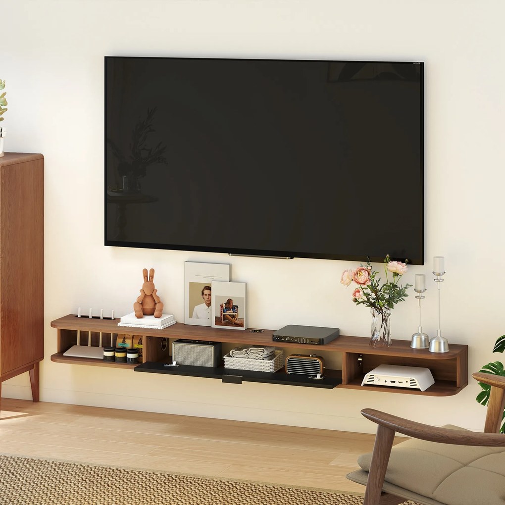 HOMCOM Závěsný TV nábytek, televizní stolek pro televize až do 190,5 cm, výklopná zásuvka, 2 police, 180x24x16 cm, ořech