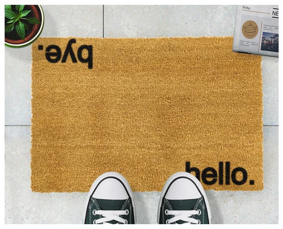 Černá rohožka z přírodního kokosového vlákna Artsy Doormats Hello, Bye, 40 x 60 cm