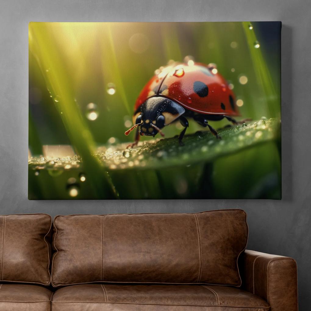Obraz na plátně - Beruška na stéblu trávy s rosou FeelHappy.cz Velikost obrazu: 120 x 80 cm