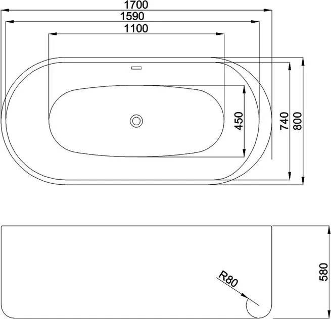 BPS-koupelny Volně stojící akrylátová vana HYD-VO501 170x80 bílá/černá, odtokový komplet chrom