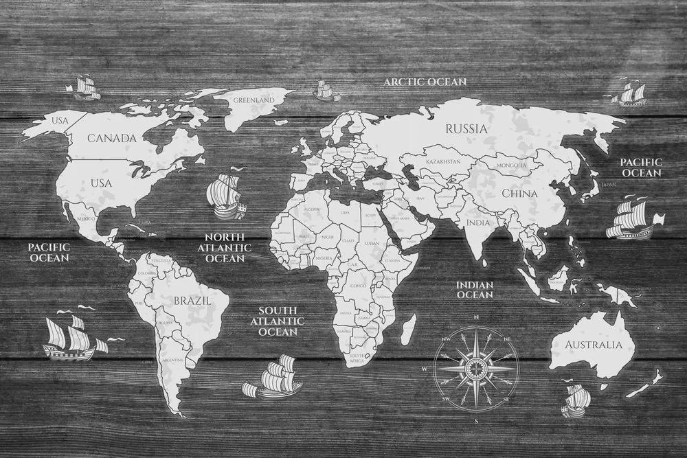 Obraz černobílá mapa na dřevě - 60x40 cm