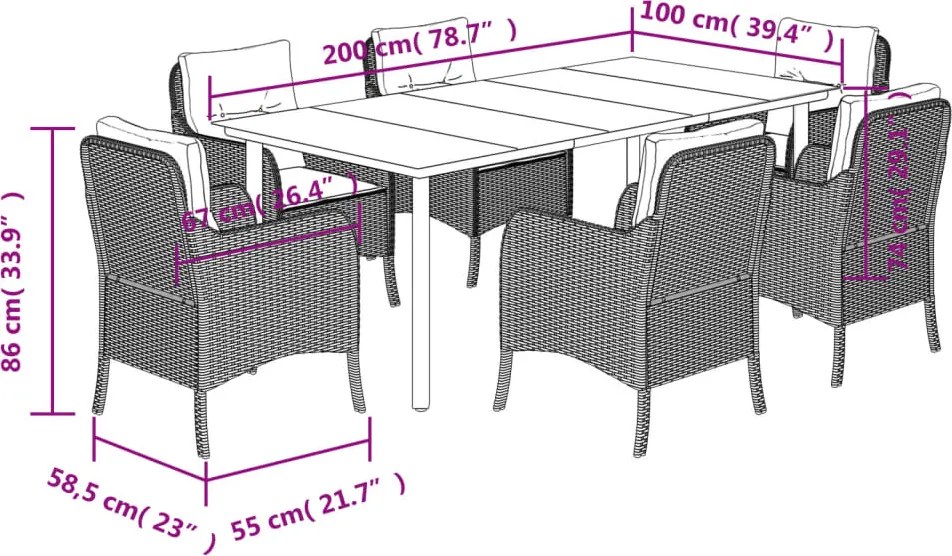 7dílný zahradní jídelní set s poduškami černý polyratan 3211932