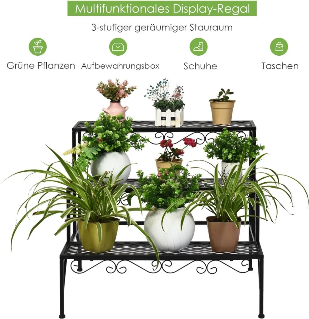 Costway Flower Rack 3-vrstvý kovový stojan na rostliny – 70 × 60 × 60 cm, černý