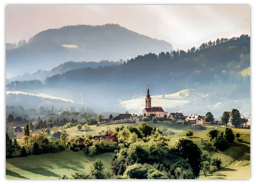 Skleněný obraz - vesnička v mlze (70x50 cm)