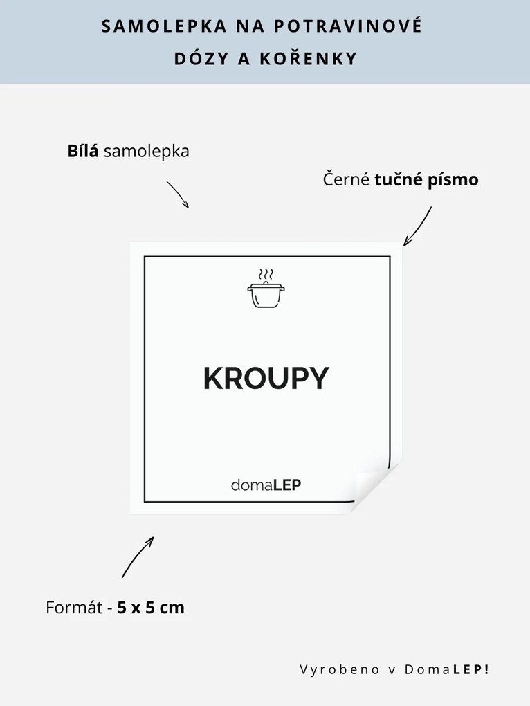 KROUPY – bílá samolepka na dózu, tučné písmo, 5 × 5 cm | DomaLEP