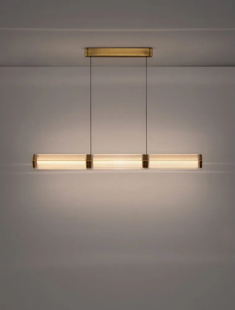 Ocelové LED stmívatelné závěsné svítidlo v mosazné barvě se skleněným stínidlem Essenzo – Nova Luce