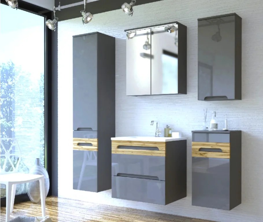 MAXIVA Koupelnová sestava - GALAXY grey, 60 cm, sestava č. 1, grafit/lesklý grafit/dub votan