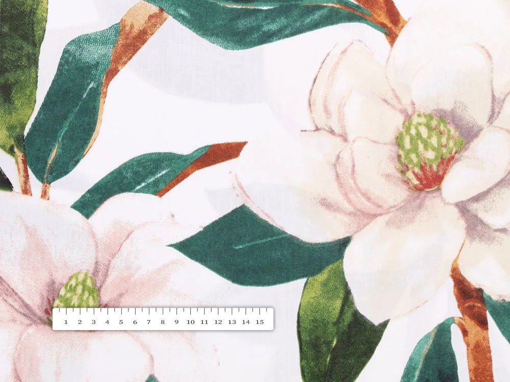 Biante Bavlněný běhoun na stůl Sandra SA-293 Magnolie se zelenými listy na bílém 20x120 cm