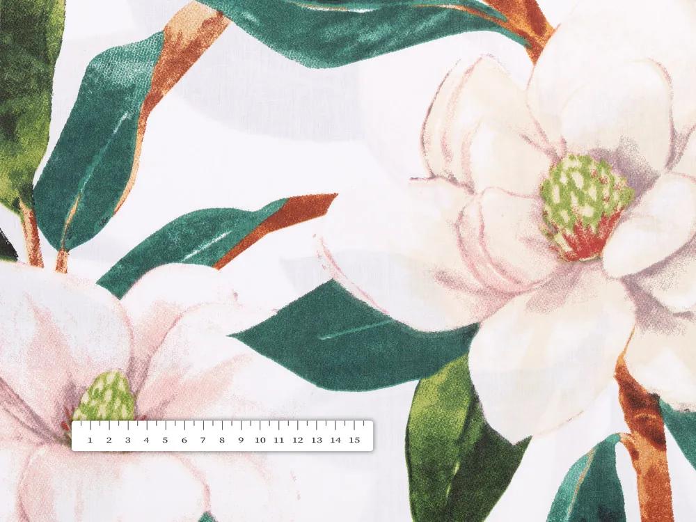 Biante Bavlněný běhoun na stůl Sandra SA-293 Magnolie se zelenými listy na bílém 35x180 cm