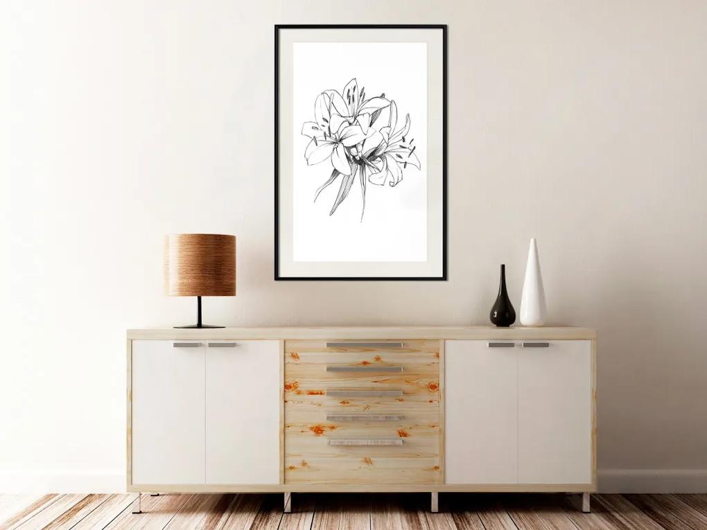 Plakát Kreslené květy - černý náčrt květin na kontrastním bílém pozadí