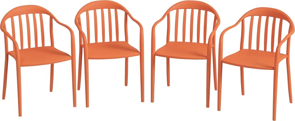 Sada 4 zahradních židlí Outsunny – odolné plastové židle s opěrkami a opěradlem, stohovatelné, unese až 120 kg pro zahradu, balkon, červená | Aosom