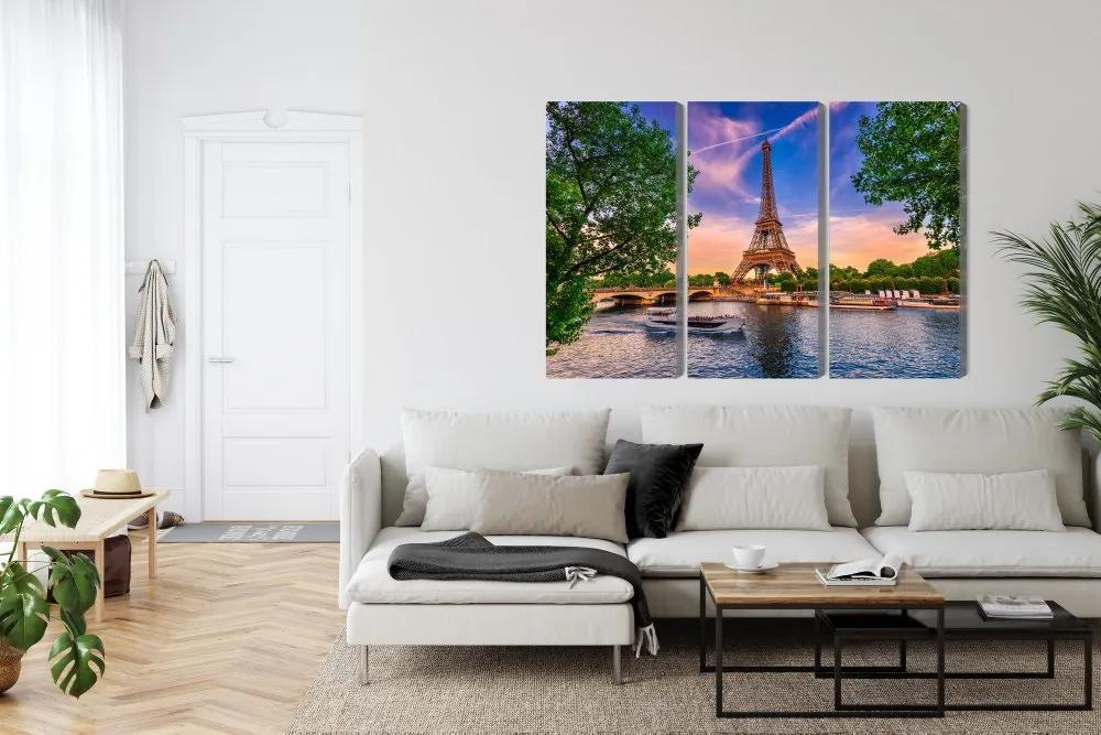 Vícedílný obraz Eiffelova Věž A Řeka Seina Při Západu Slunce V Paříži Nedostatek Nedostatek Přírodní plátno 150x100