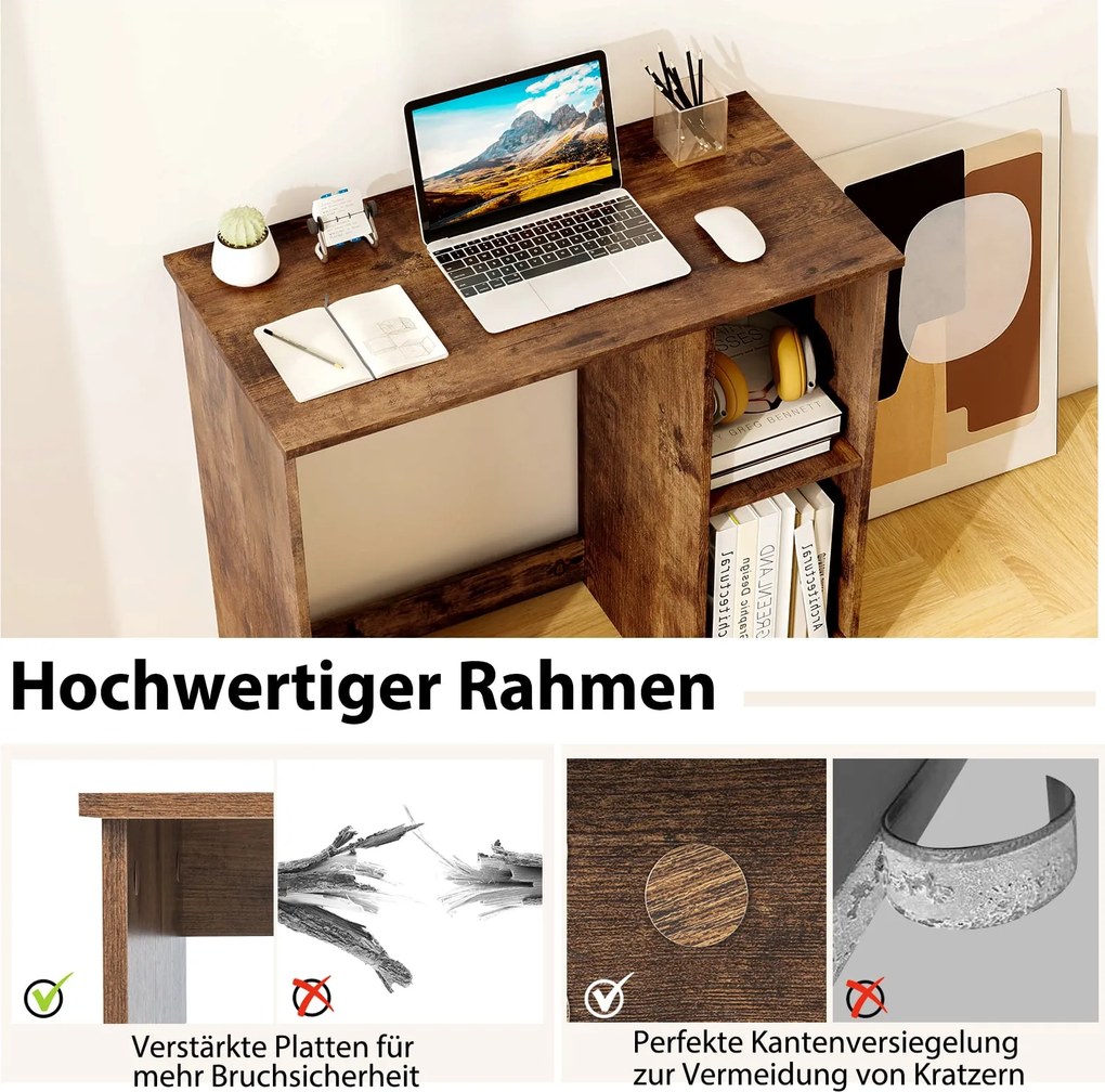 Costway Malý psací stůl s 2 přihrádkami – 80 × 40 × 74 cm, hnědý