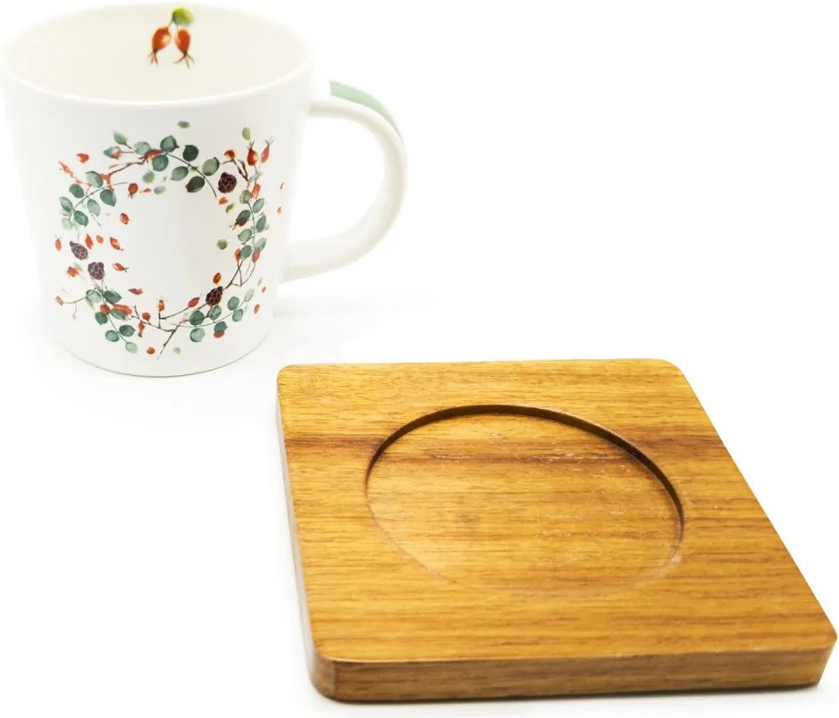 Porcelánový hrnek Nordic Moods s akáciovým podšálkem, bílý, 350 ml – severský design, motiv větviček a šípků