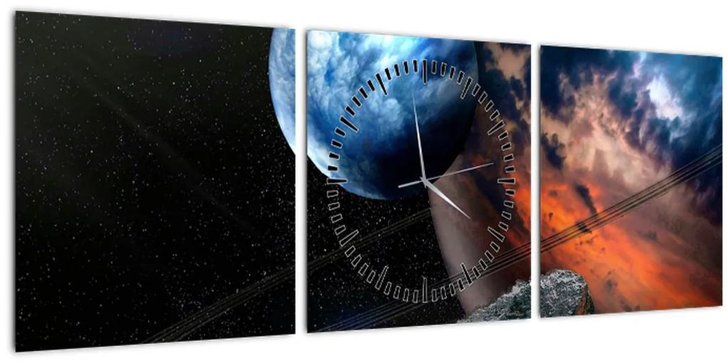 Obraz planety ve vesmíru (s hodinami) (90x30 cm)