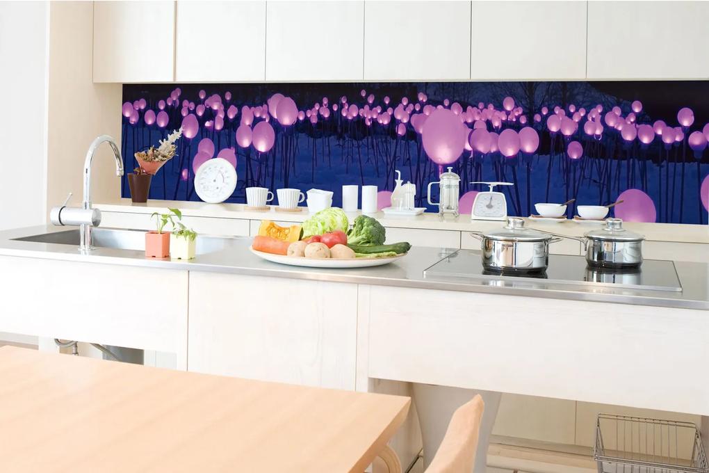 DIMEX | Fototapeta do kuchyně Fialové zahradní osvětlení KI-350-191 | 350 x 60 cm | fialová, modrá, černá
