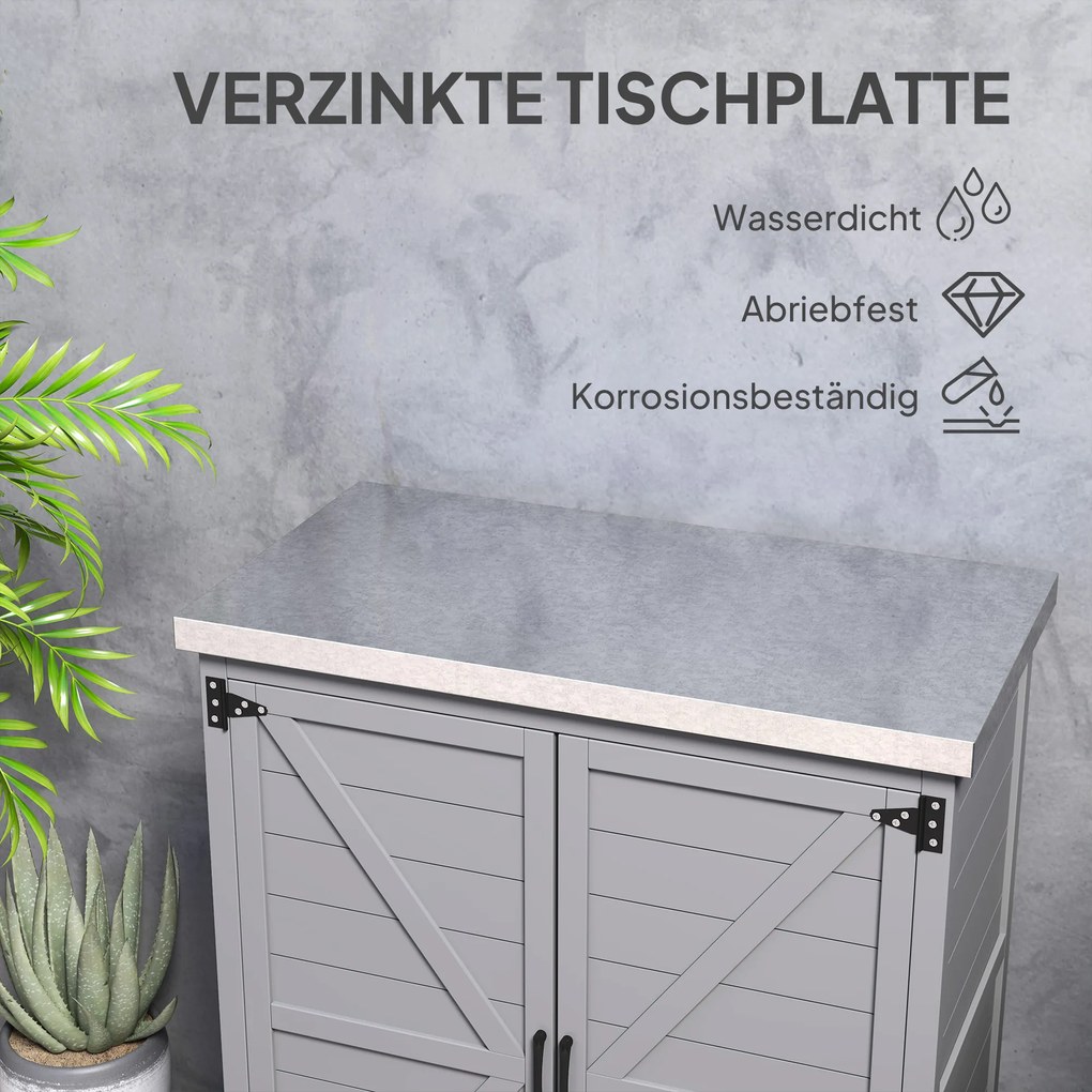 Outsunny Zahradní skříňka, venkovní skříňka s pracovním povrchem, skříňka na nářadí, masivní dřevo, ocel, 79Š x 43H x 92V cm, šedá