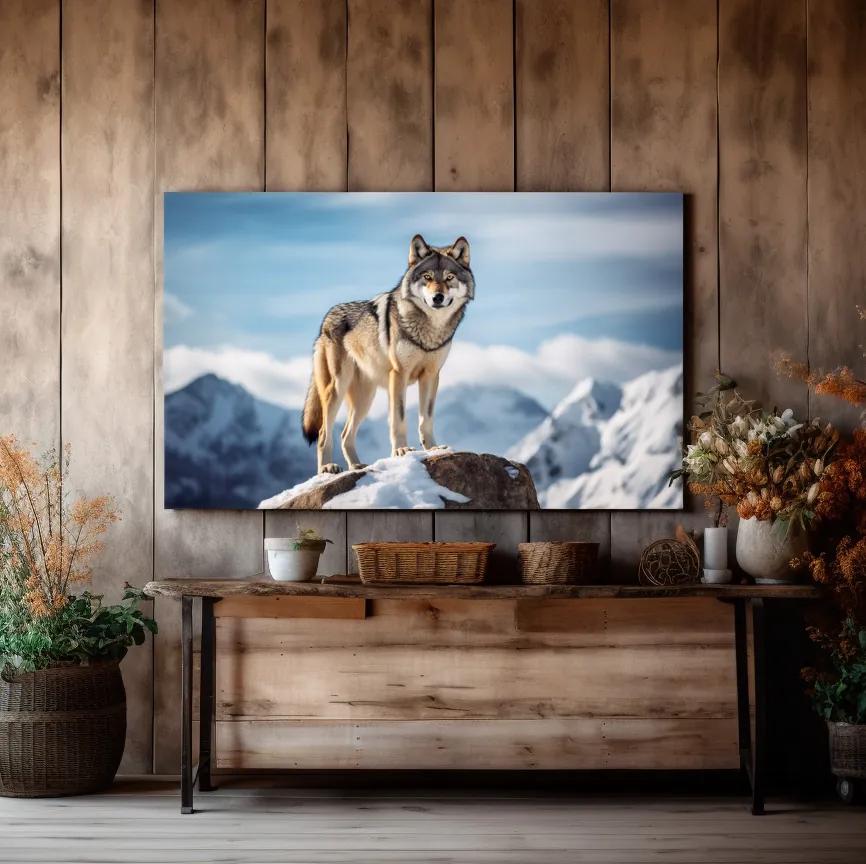 Obraz na plátně - Vlk hlídkuje na skále za krásného horského dne FeelHappy.cz Velikost obrazu: 120 x 80 cm