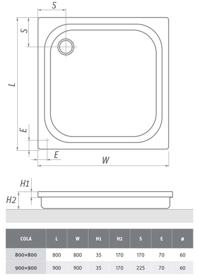 Čtvercová akrylátová sprchová vanička COLA 160 mm S 800 × 800 COLA /800 8000003