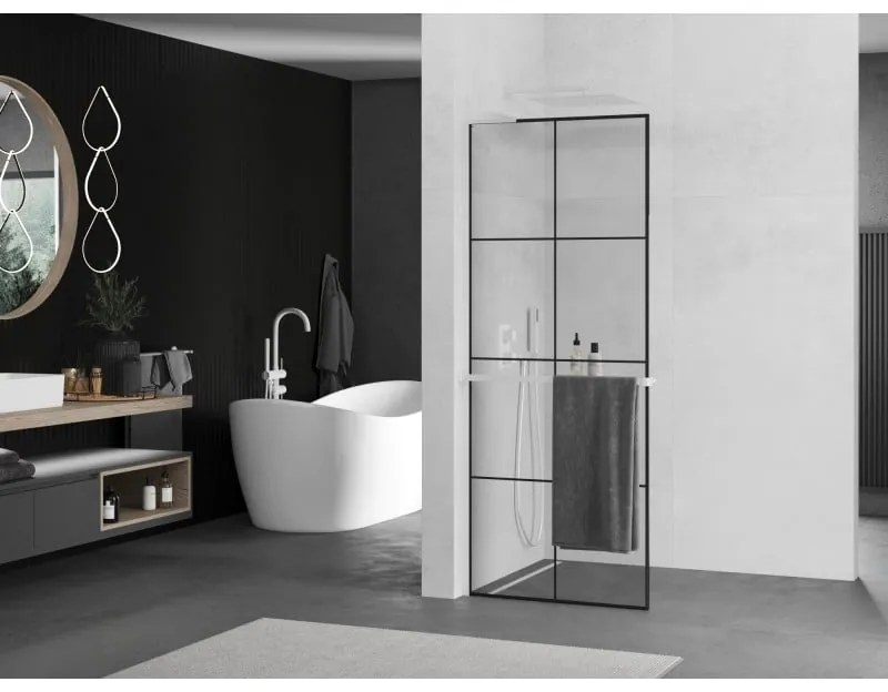 Mexen Kioto+ L, sprchová zástěna Walk-In s poličkou a věšákem 70 x 200 cm, 8mm čiré sklo černý vzor, bílý profil, 800-070-123-20-77