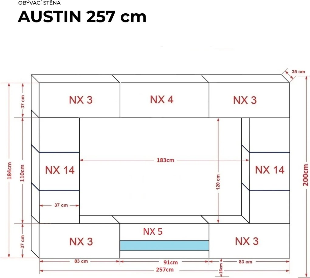 Ral Obývací stěna AUSTIN 1, 257 cm - Černý lesk