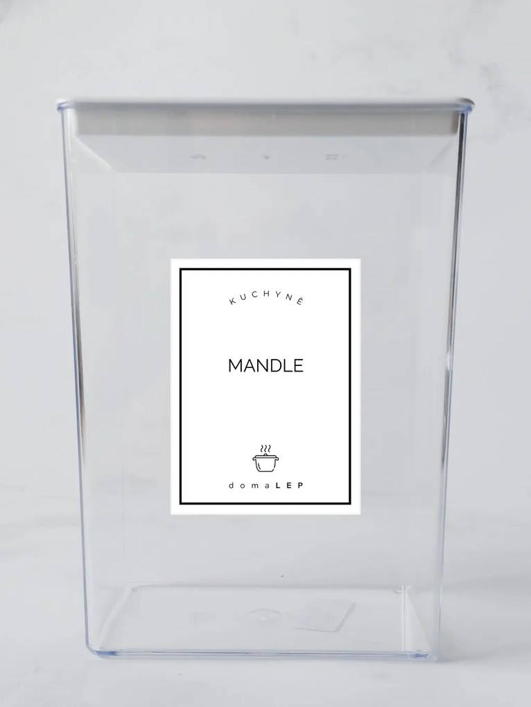 MANDLE MLETÉ – bílá samolepka na dózu, základní písmo, 6 x 8 cm | DomaLEP