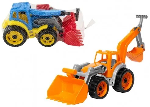 Teddies Traktor/nakladač/bagr se 2 lžícemi plast na volný chod 2 barvy v síťce 16x35x16cm