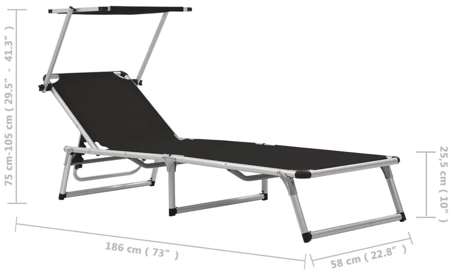vidaXL Marketos Skládací opalovací lehátko se stříškou hliník a textilen černé