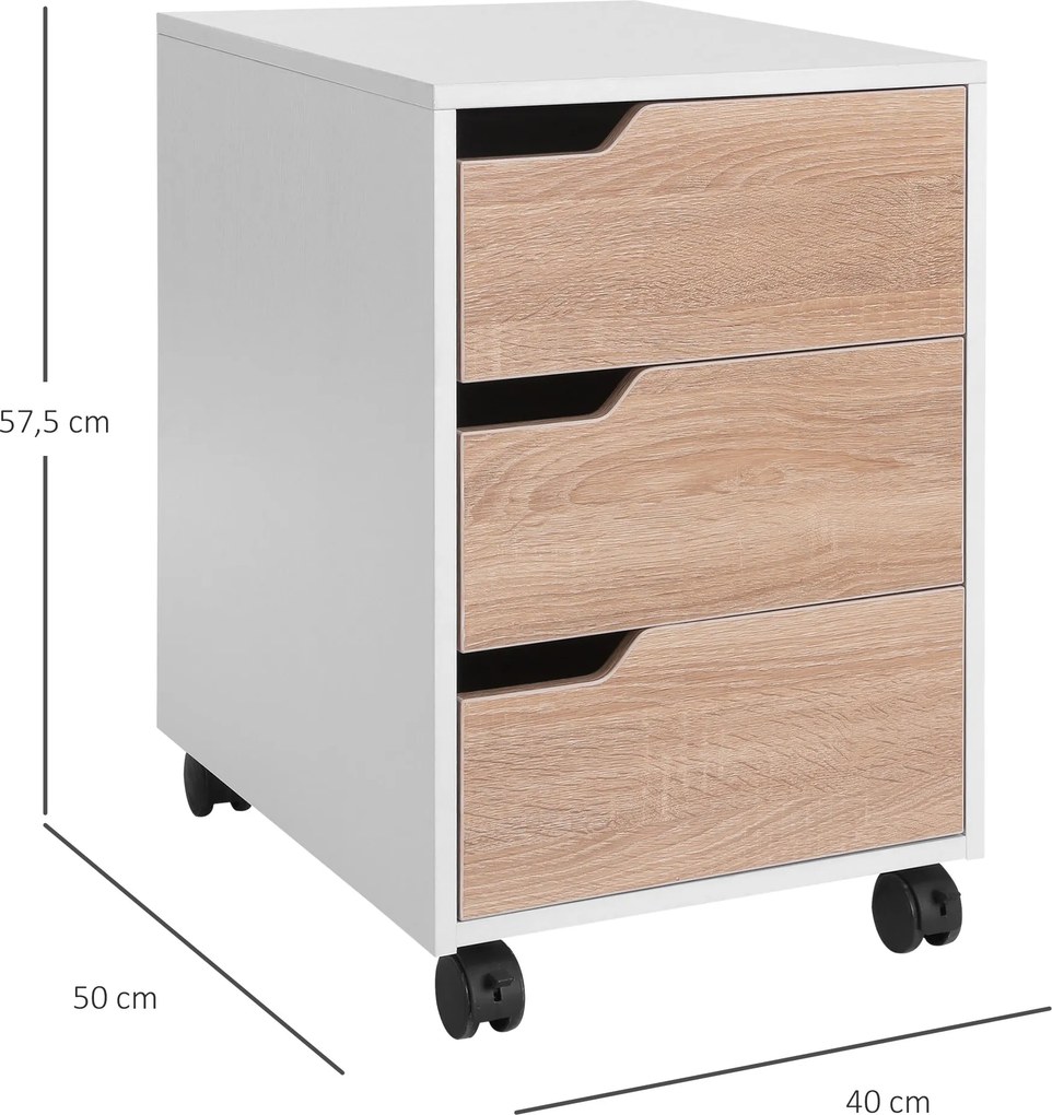 HOMCOM Počítačová skříňka s koly, 3-zásuvková skříňka na dokumenty pro studijní stůl 40x50x57.5 cm Dub a bílá