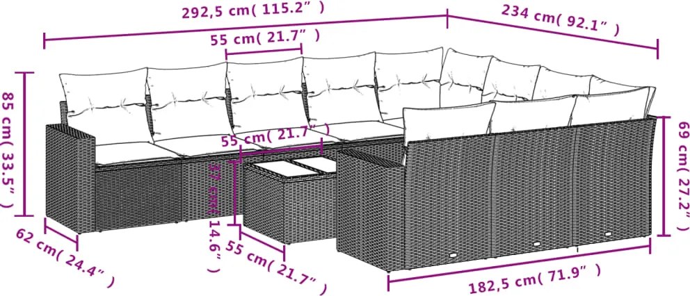 11dílná zahradní sedací souprava s poduškami černá polyratan 3251833