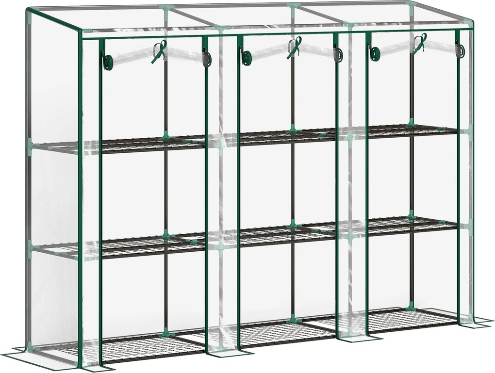 Outsunny Malý Skleník pro Exteriér se 3 Úrovněmi Polic, Sklopnými Zipovými Dveřmi a Ocelovým Rámem pro Pěstování Rostlin a Květin 215x46x151 cm Průhle