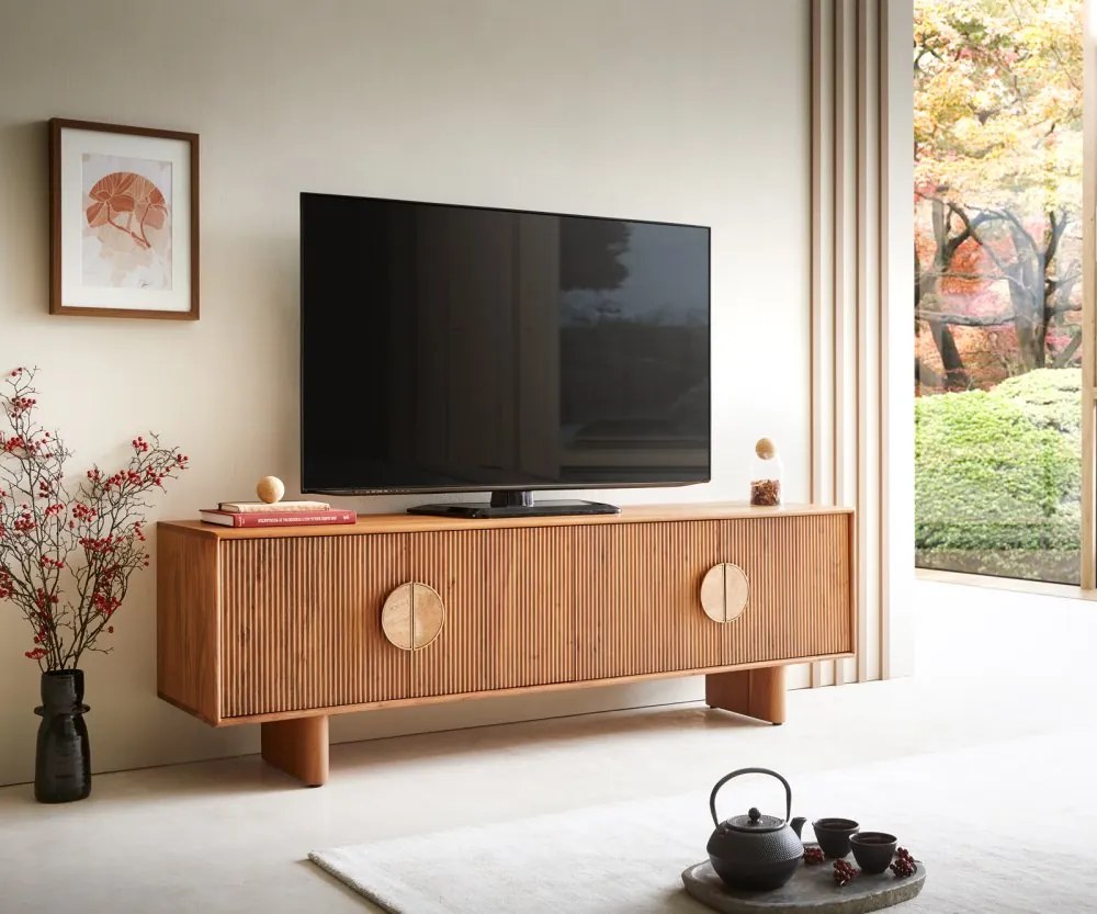 TV stolek Surimu 175 cm akácie světle hnědá 4 dvířka korkové madlo