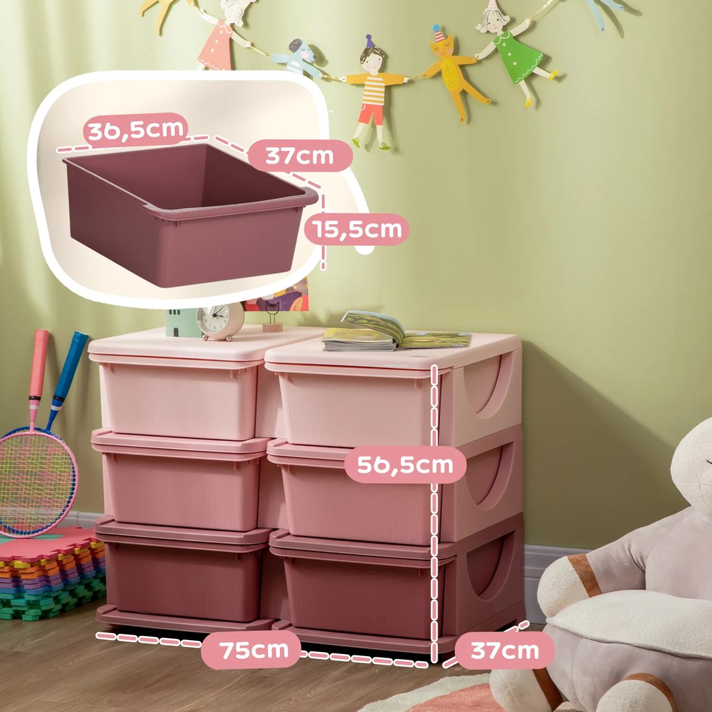 HOMCOM Plastový úložný box, úložný prostor na hračky, 6 zásuvek, organizér na hračky, komoda do dětského pokoje, růžová | Aosom