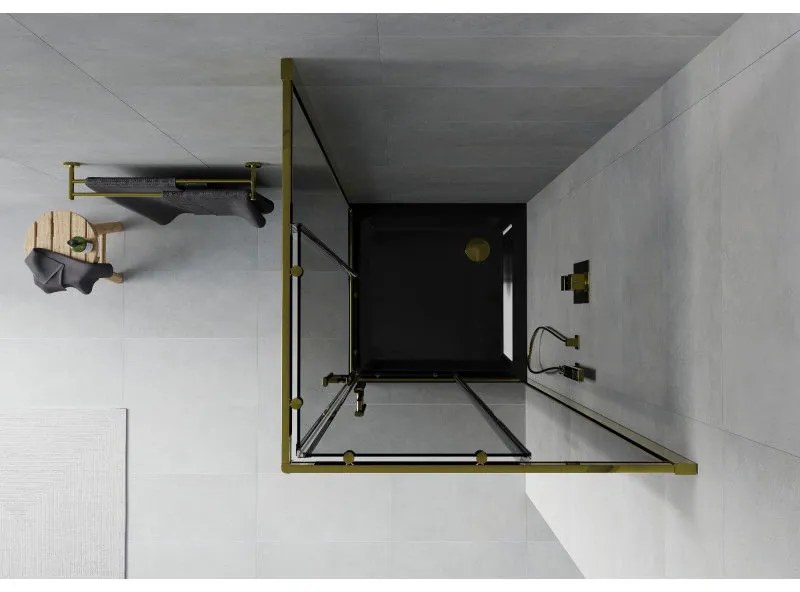 Mexen Rio, čtvercový sprchový kout s posuvnými dveřmi 70 (dveře) x 70 (dveře) x 190 cm, 5mm šedé sklo, zlatý profil + černá sprchová vanička SLIM, 860-070-070-50-40-4070G