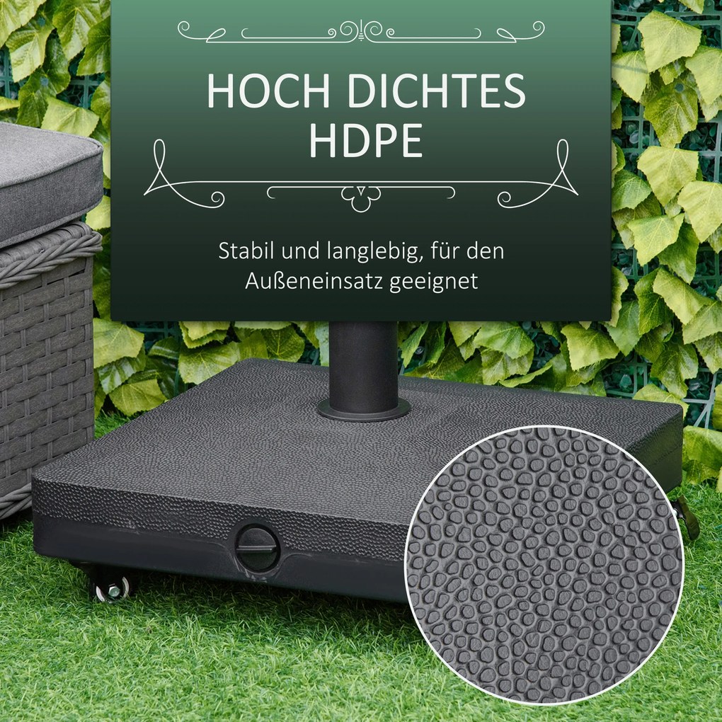 Stojan na slunečník Outsunny s válečkem, naplnitelný až do 20 kg, pro tyče slunečníku 38/48 mm, ideální pro zahradu terasu balkon, černý 45x45 cm |
