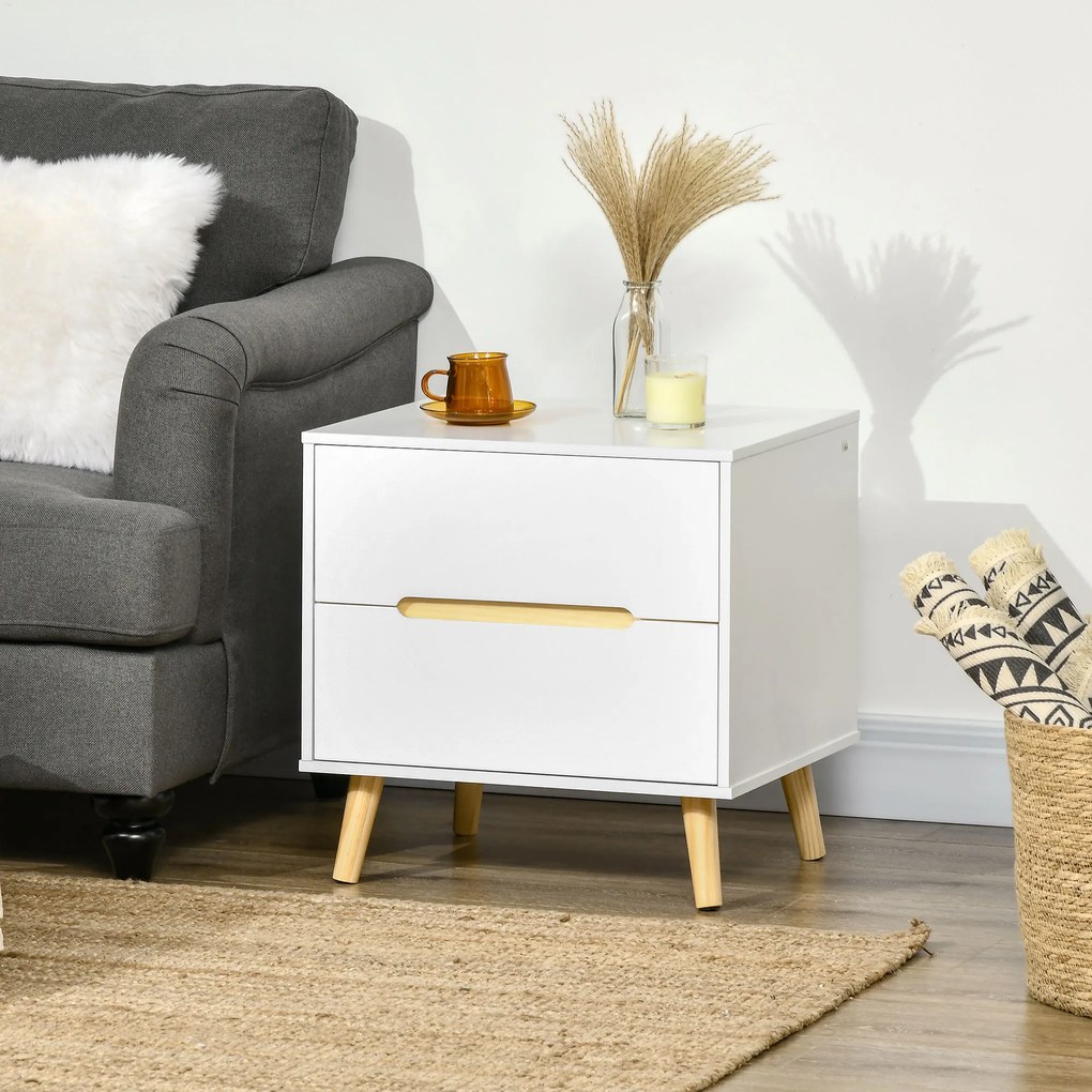 Noční stolík HOMCOM se 2 zásuvkami a dřevěnými nohami, noční stůl pro ložnici, obývací pokoj a kancelář, moderní styl 50x40x50,5 cm Bílý