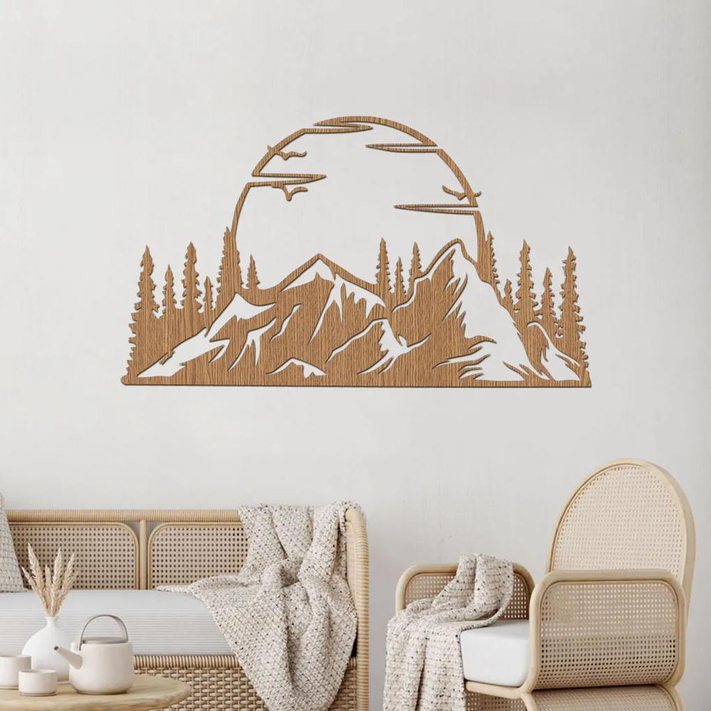 dřevo života Dřevěná dekorace na zeď Hory se západem Rozměry (cm): 100x58, Barevný vzor: Světlý dub