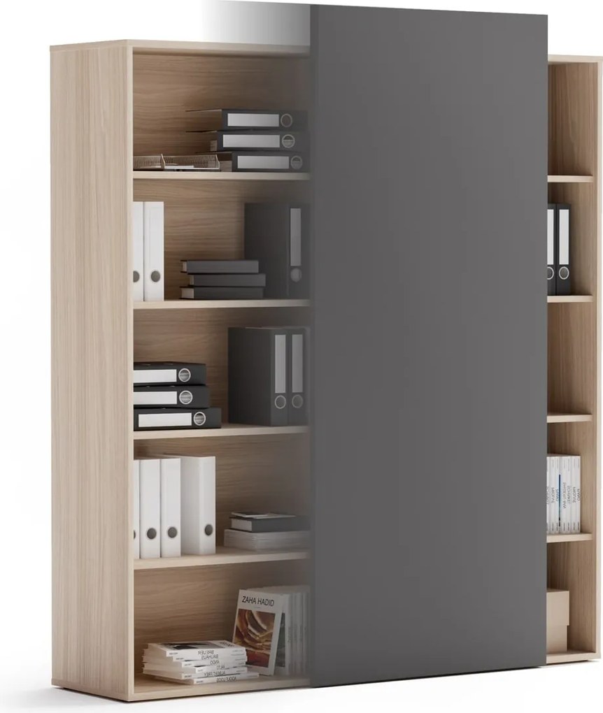 Kancelářský regál s posuvným panelem BLOCK, 1600 x 400 x 1748 mm, dub přírodní/grafitová