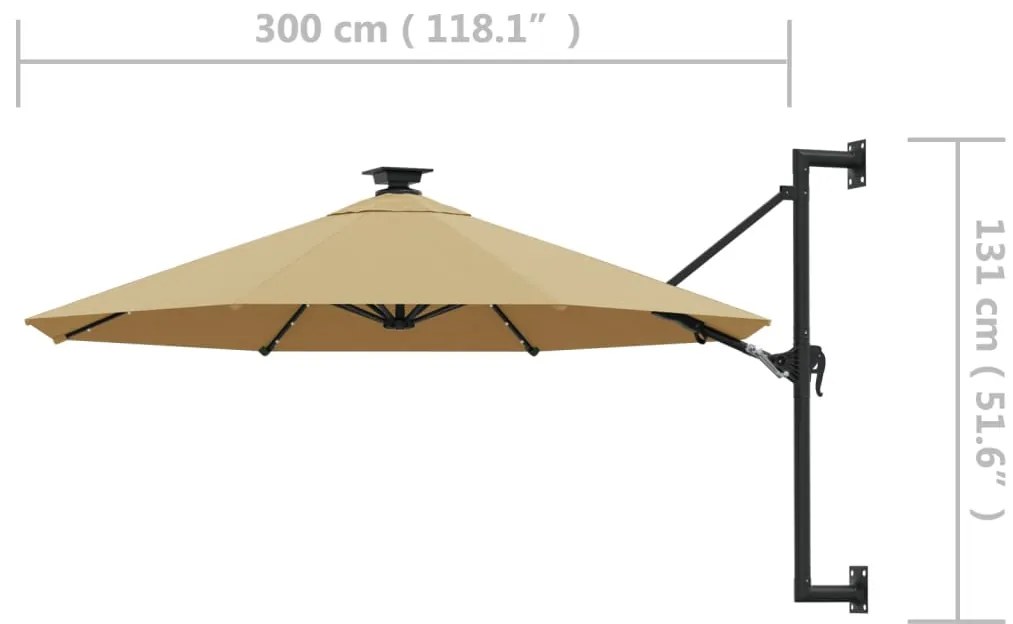 vidaXL Marketos Nástěnný zahradní slunečník s LED 300 cm taupe