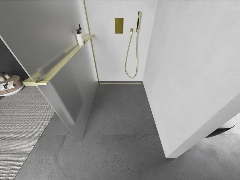 Mexen Kioto+ L, sprchová zástěna Walk-In s poličkou a ramínkem 100 x 200 cm, 8mm sklo námraza, zlatý matný profil, 800-100-123-55-30