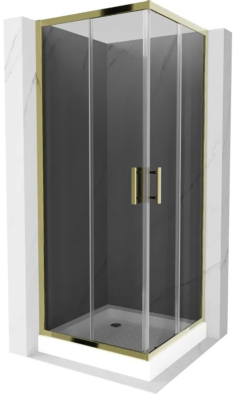 Mexen Rio, čtvercový sprchový kout s posuvnými dveřmi 80 (dveře) x 80 (dveře) x 190 cm, 5mm šedé sklo, zlatý profil + bílá sprchová vanička RIO, 860-080-080-50-40-4510