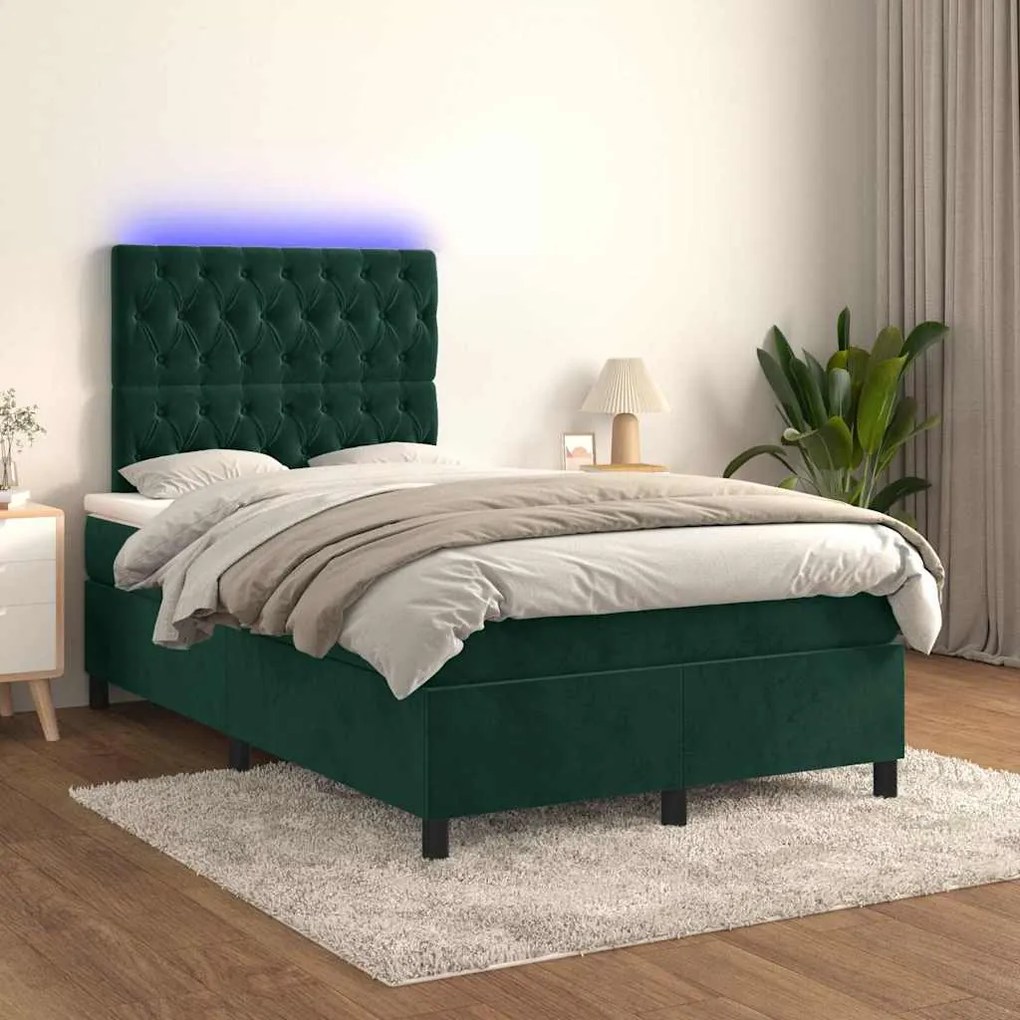Box spring postel s matrací a LED tmavě zelená 120x190 cm samet 3270332