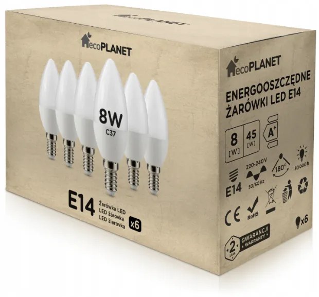 ecoPLANET 6x LED žárovka E14 svíčka 8W 700lm - neutrální bílá