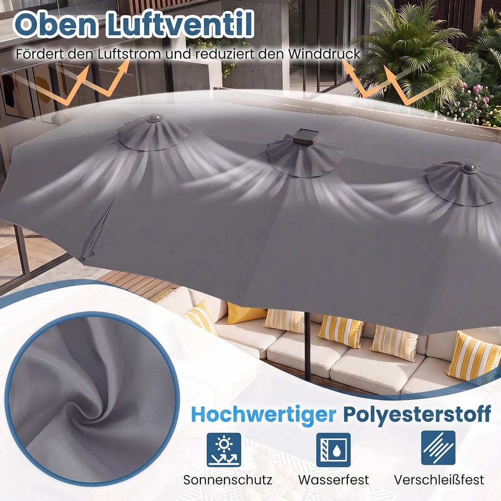 Costway Dvojitý slunečník s klikou a stojanem s 108 LED světle – 370 × 200 cm